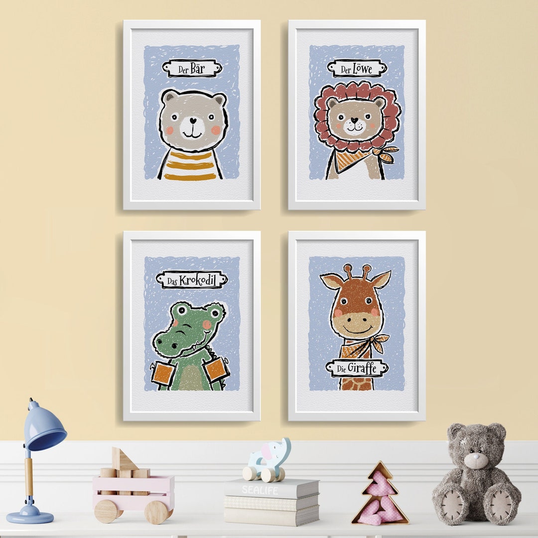 Animal Poster Set of 4, Children's Poster, Bear, Lion, Crocodile and ...