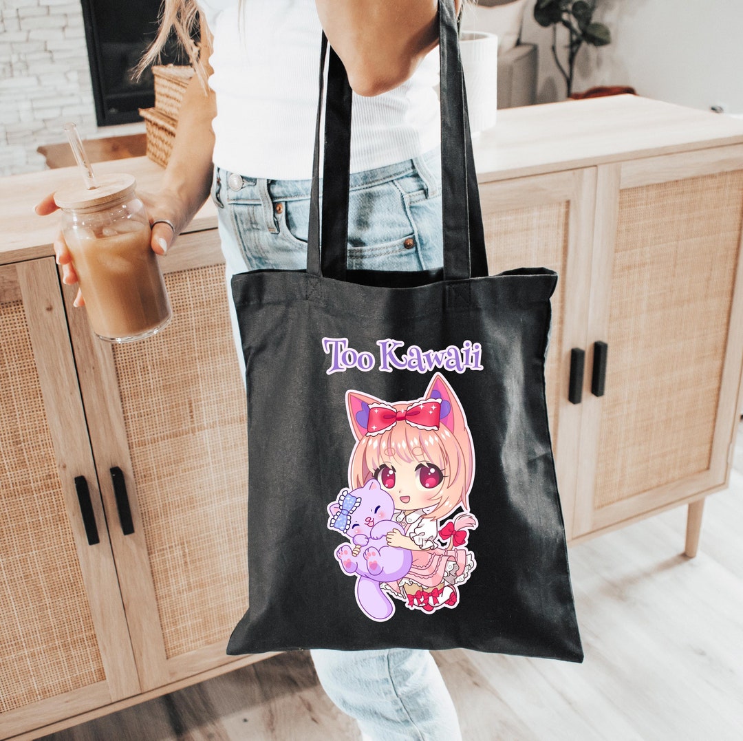 Cute Anime Chibi and Kitty Canvas Tote Bag | Kawaii Anime Lover Bag ...