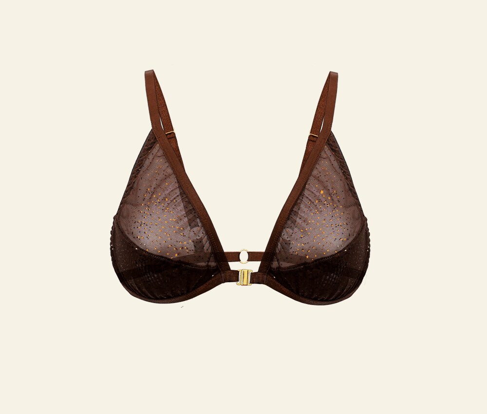 Handmade Triangle Bralette Brown and Gold Dark Nude Stretch Mesh Bralet ...