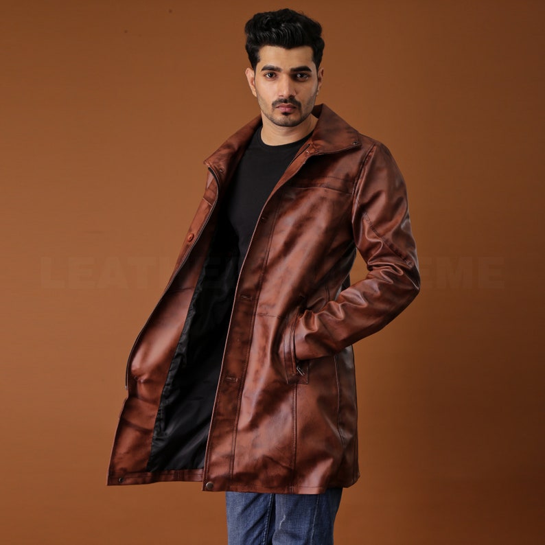 Leather Trench Coat for Men, Brown Leather Overcoat, Handmade Coat ...