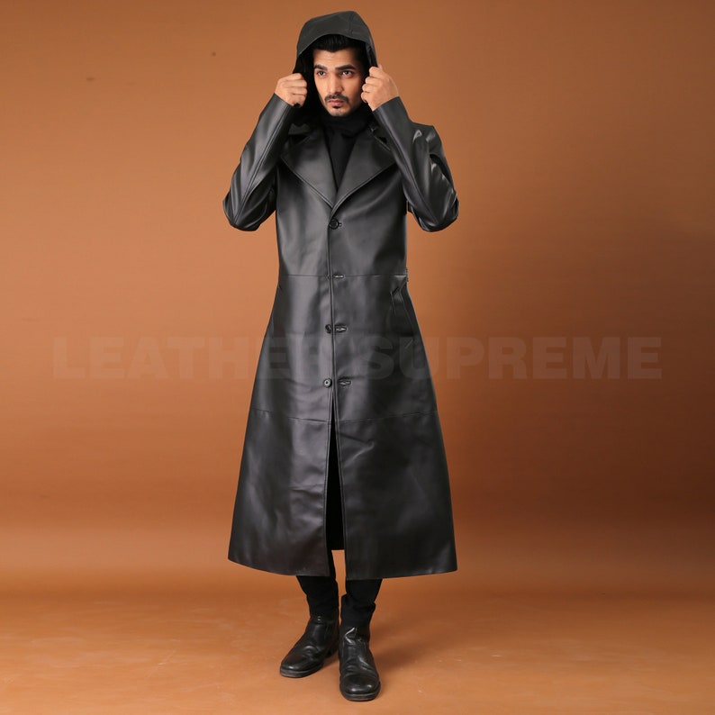 Handmade Black Leather Long Hooded Trench Coat | Cyberpunk Fashion - Etsy