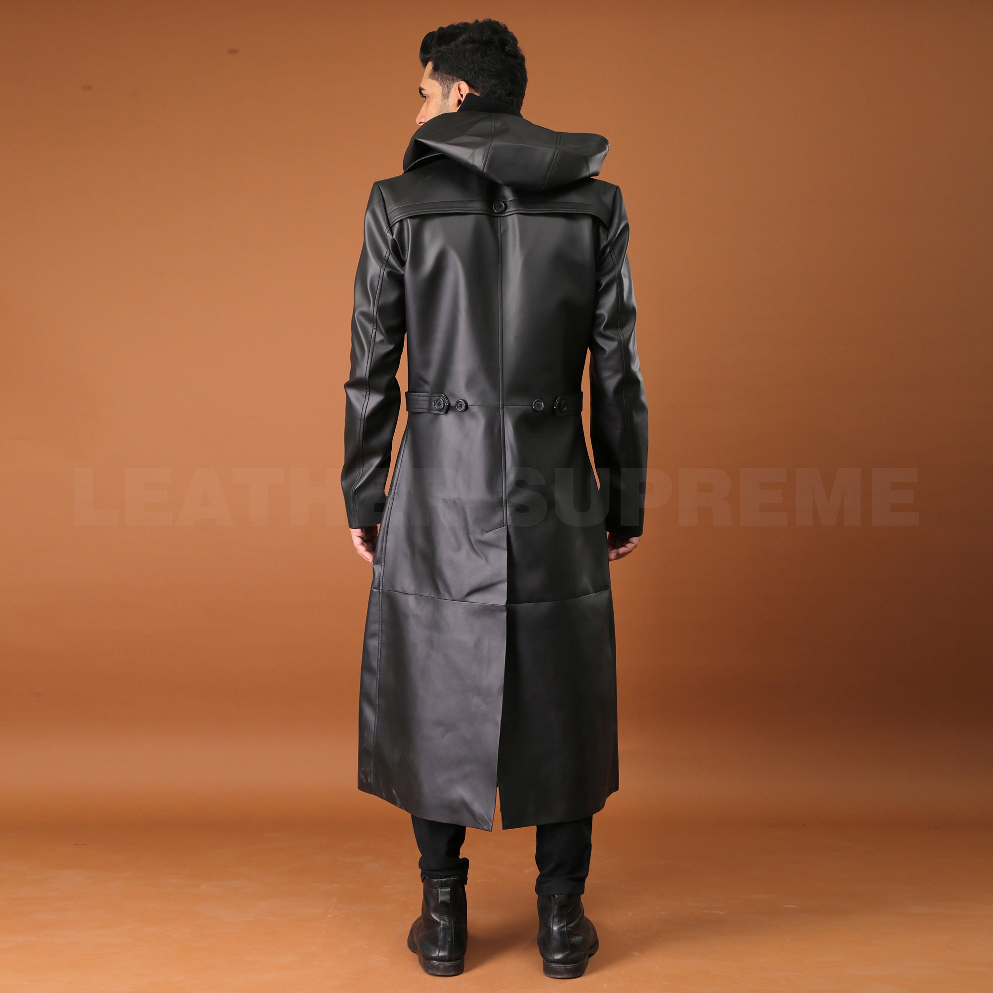 Black Long Hooded Coat for Men |leather Long Coat |black Trench, Gift ...
