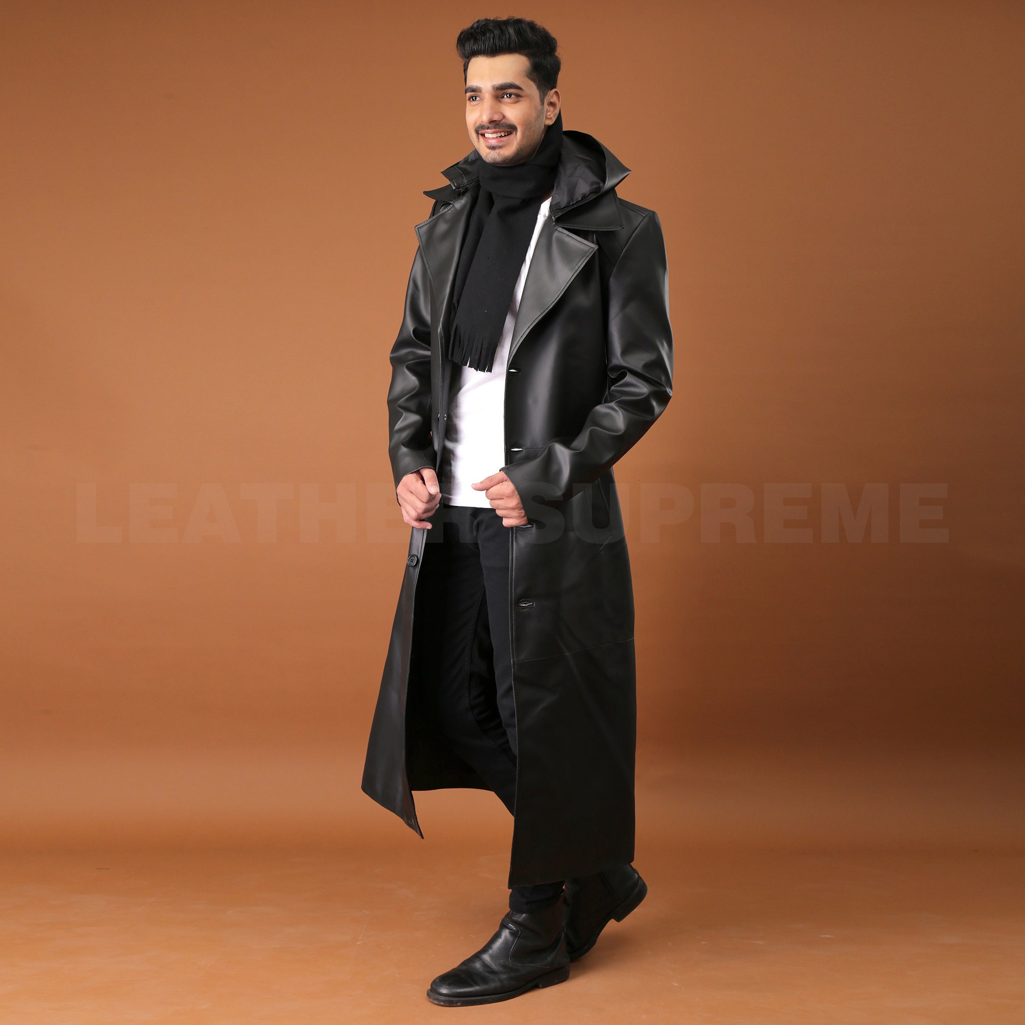 Black Long Hooded Coat for Men leather Long Coat black Trench, Handmade ...