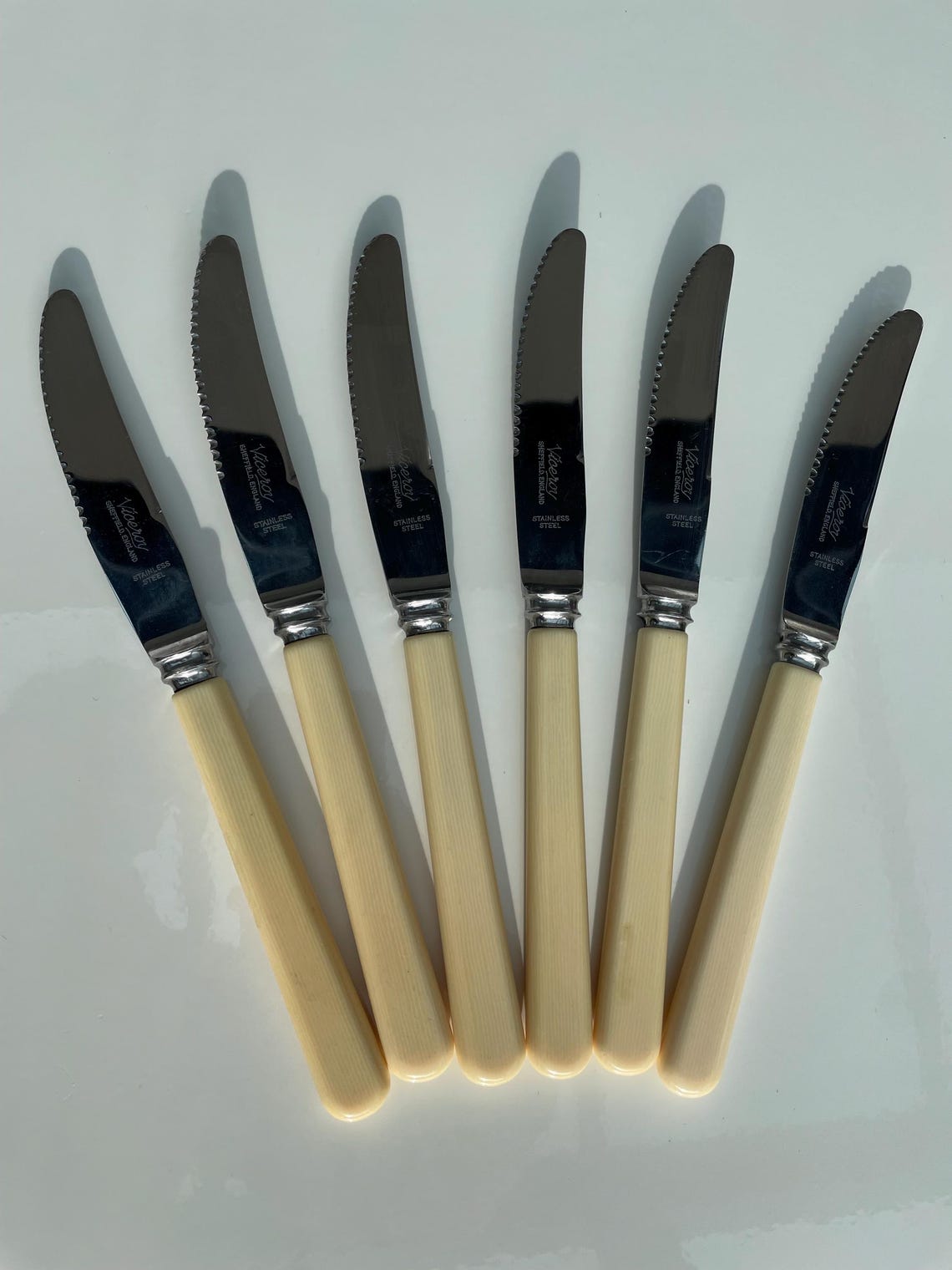 Set of Six Vintage Serrated Dessert Cutlery With Long Celluloid Handles ...