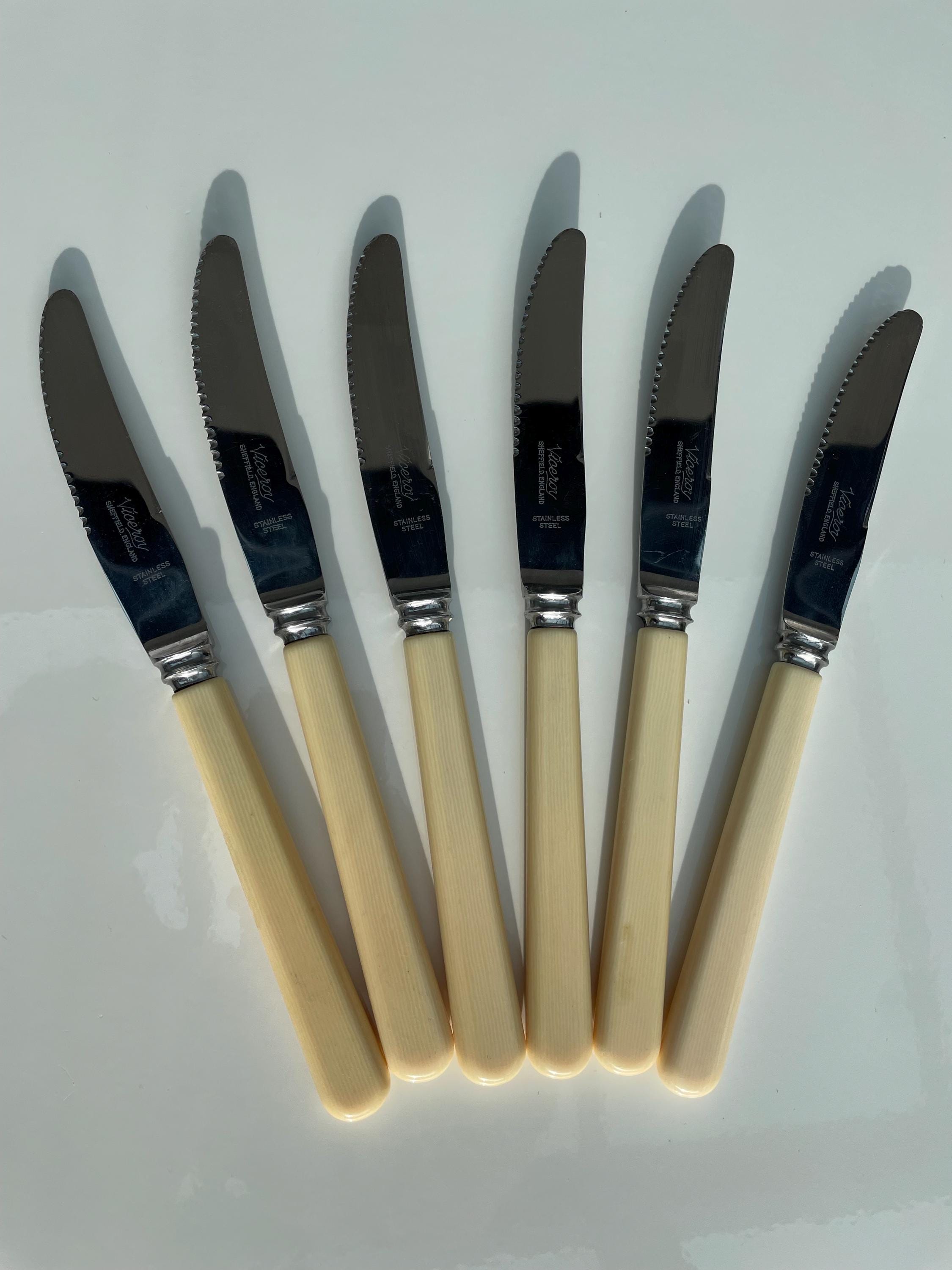 Set of Six Vintage Serrated Dessert Cutlery With Long Celluloid Handles ...