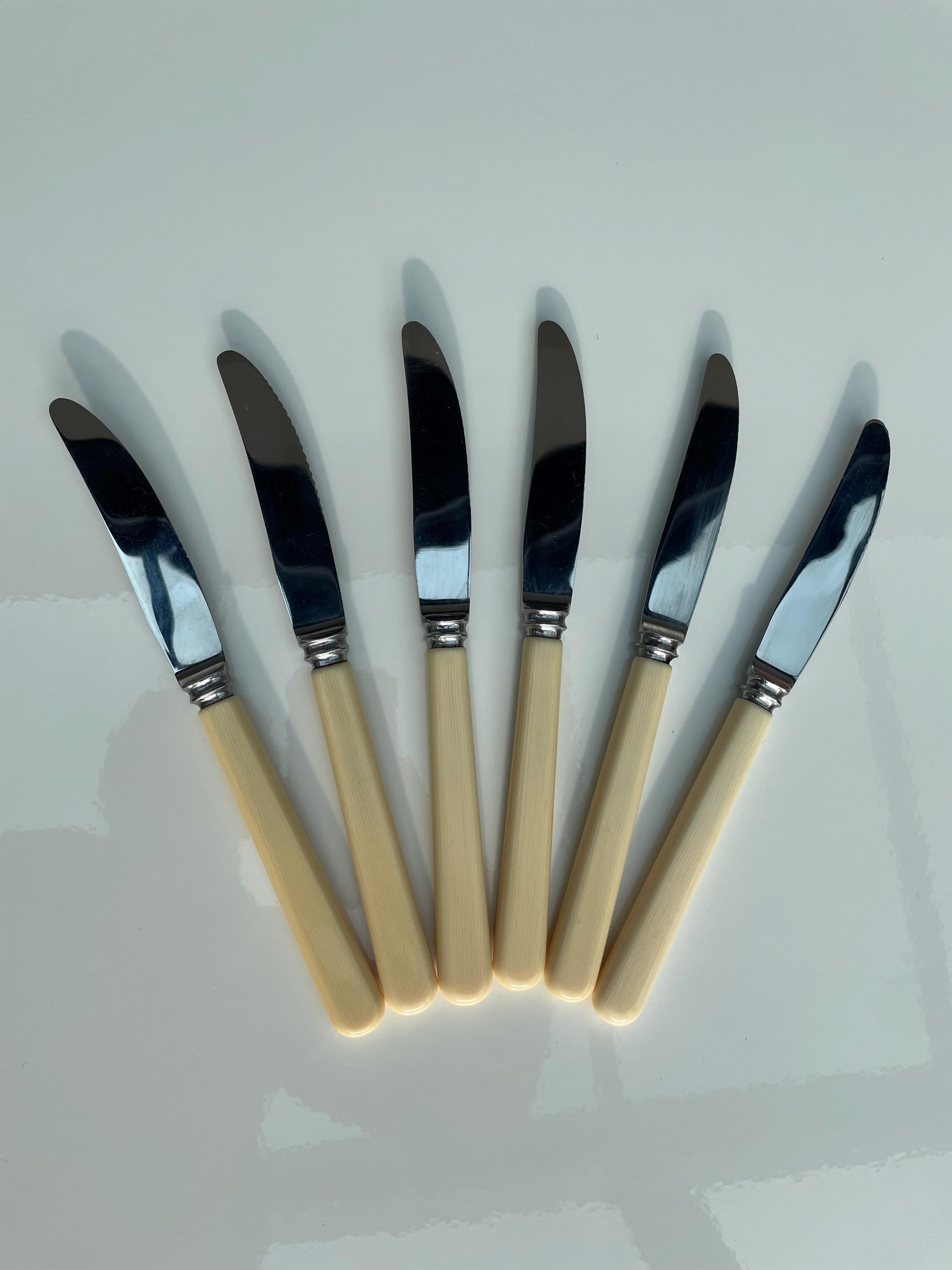 Set of Six Vintage Serrated Dessert Cutlery With Long Celluloid Handles ...