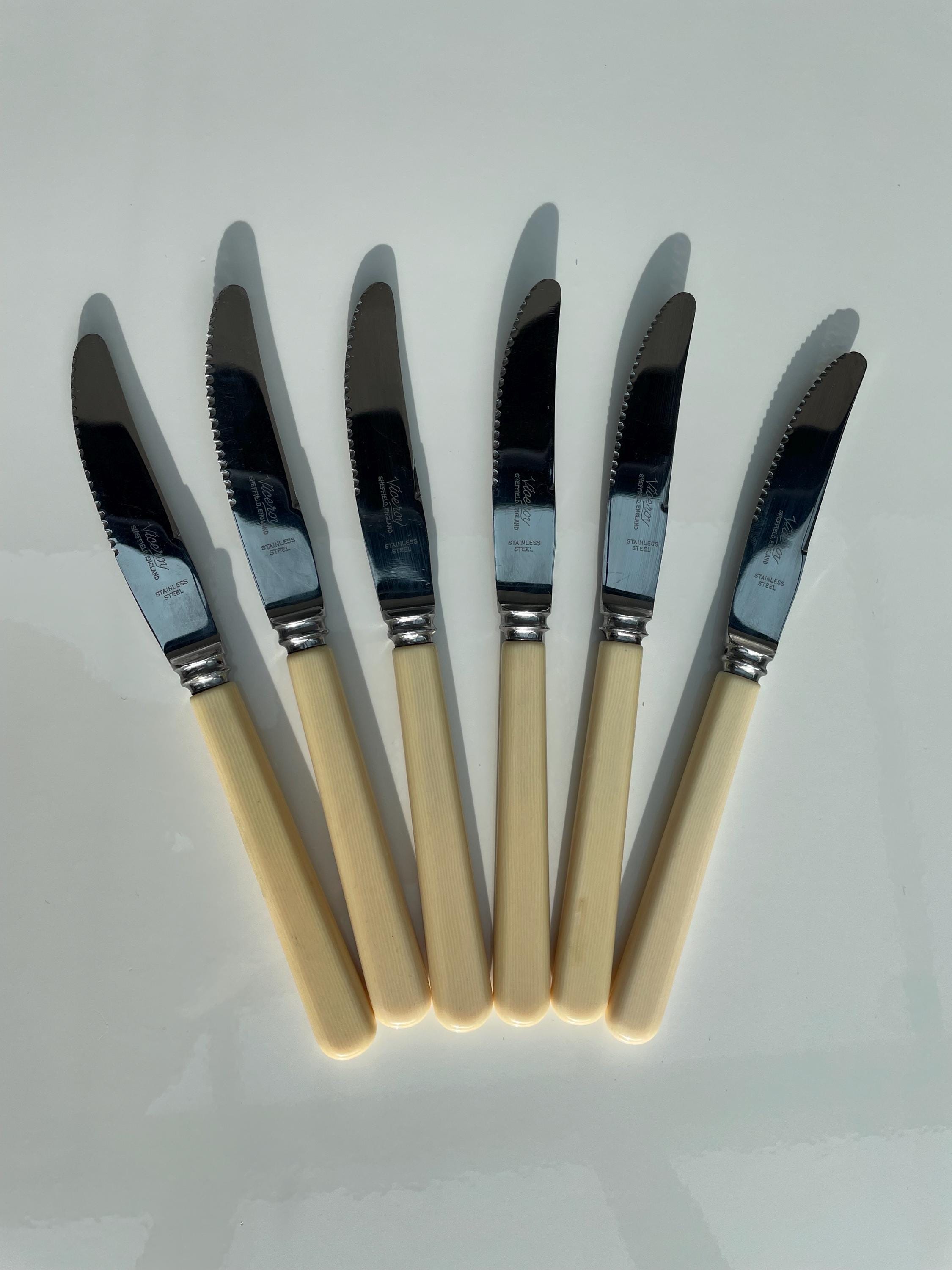 Set of Six Vintage Serrated Dessert Cutlery With Long Celluloid Handles ...