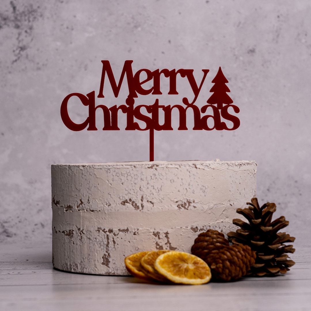 Merry Christmas With Tree Cake Topper, Christmas Cake Topper, Xmas Cake ...