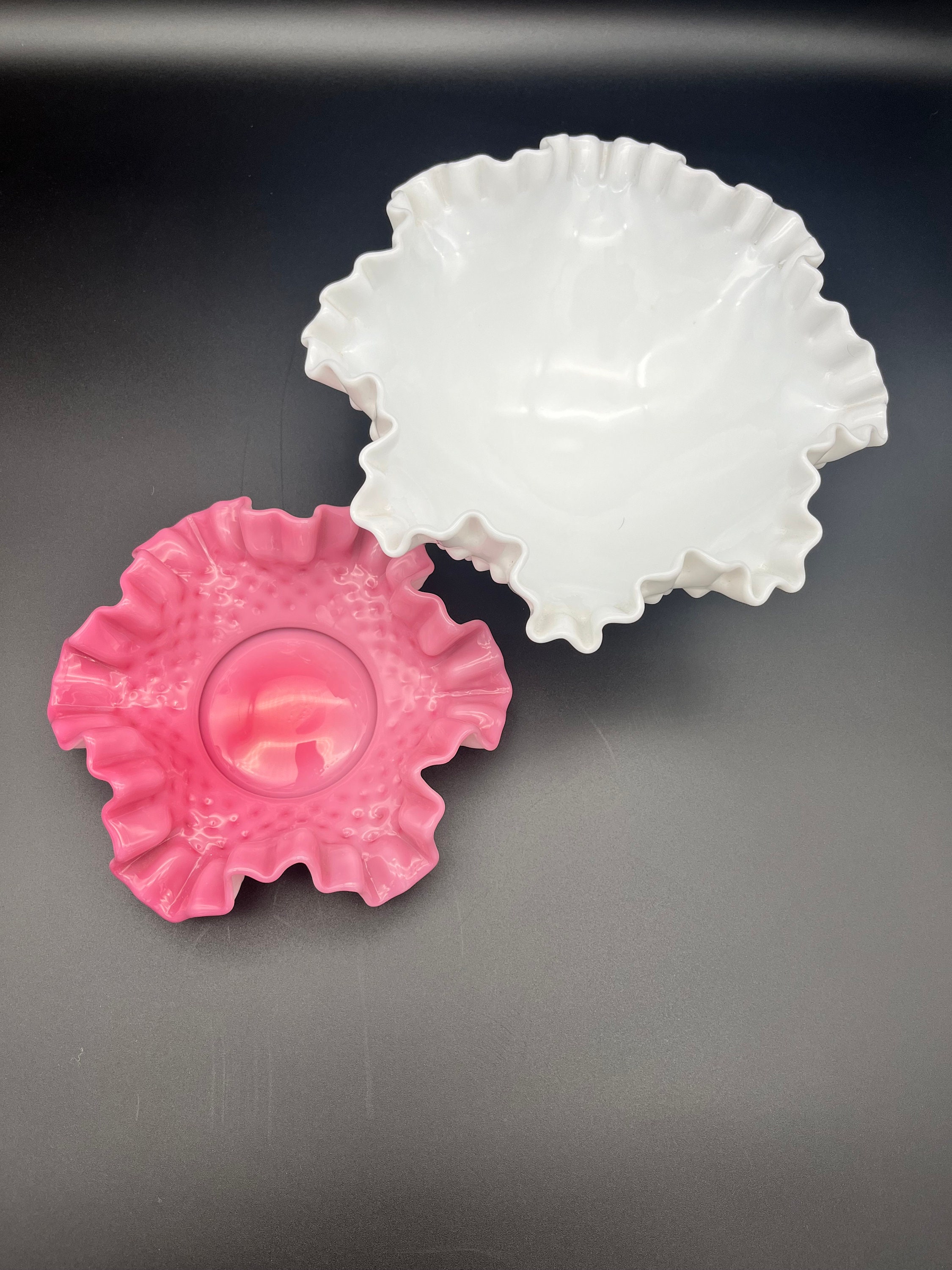 Fenton Cased Pinkwhite Ruffle Top Dish And Footed Hobnail Milk Glass Dish Lot Etsy