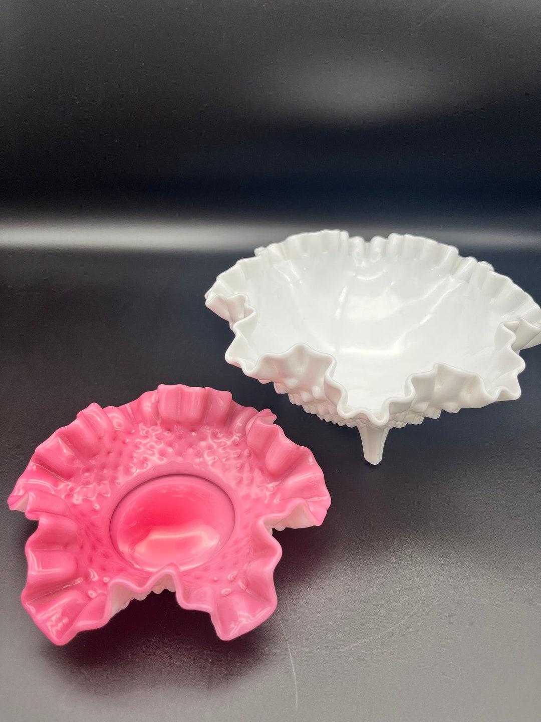 Fenton Cased Pinkwhite Ruffle Top Dish And Footed Hobnail Milk Glass Dish Lot Etsy