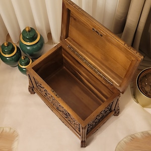 Hand Carved Walnut Large Chest With Key, Hope Chest, Ottoman Storage ...