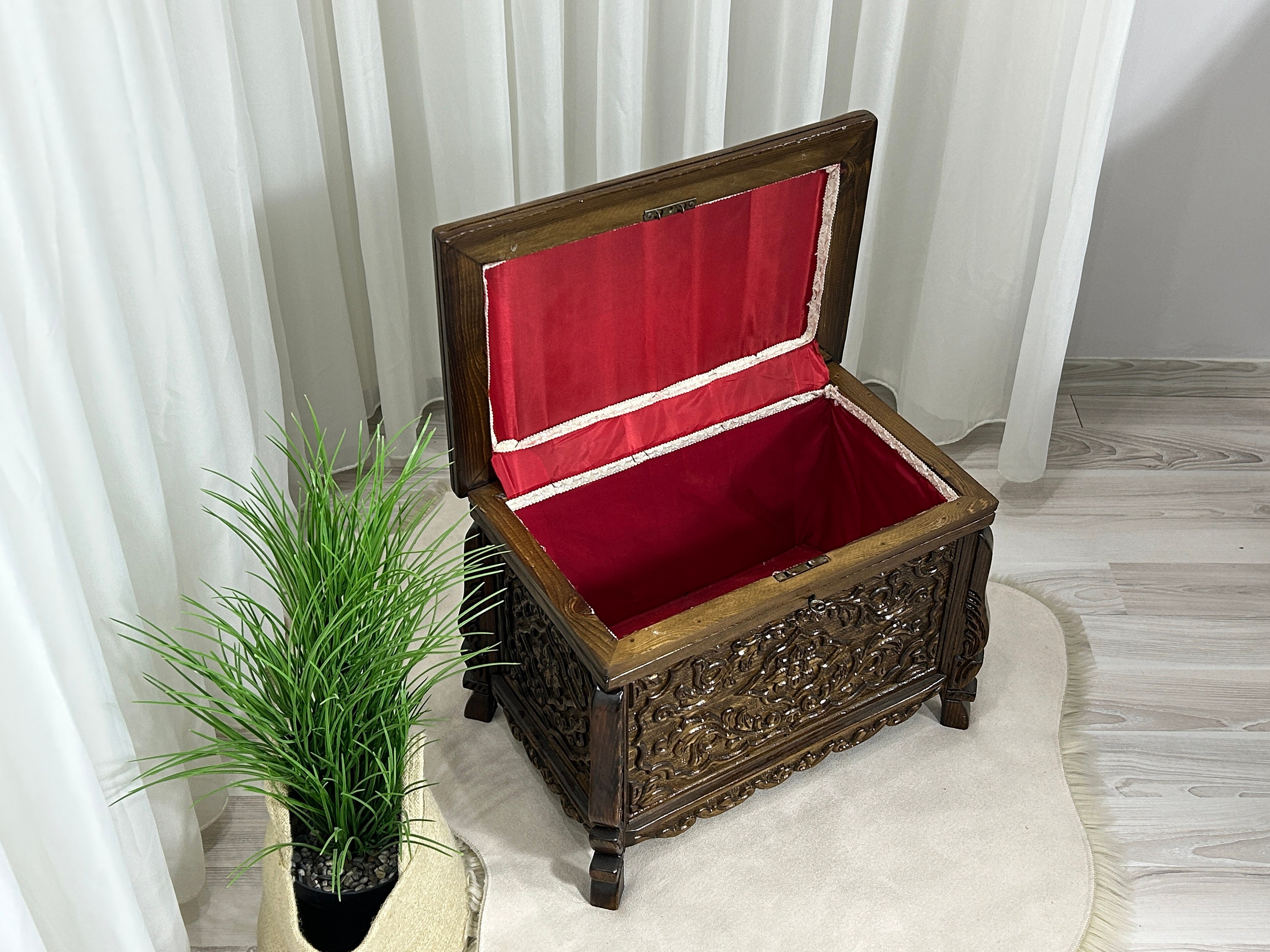 Hand Carved Vintage Chest With Key, Wood Hope Chest, Large Treasure ...