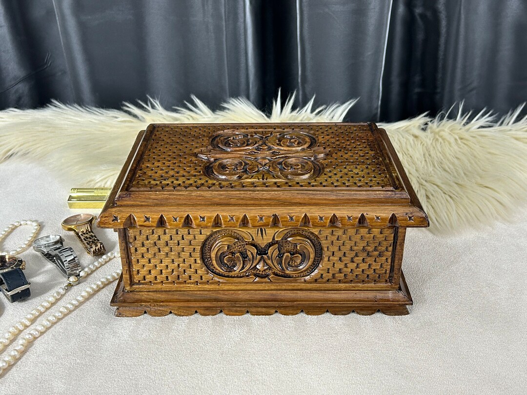 Unique Secret Lock Vintage Wooden Box, Handmade Chest, Carved Walnut ...