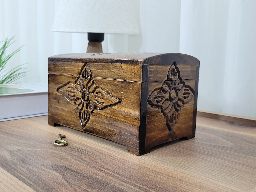 Handmade Wooden Jewelry Box, Carved Chest With Key, Small Treasure ...