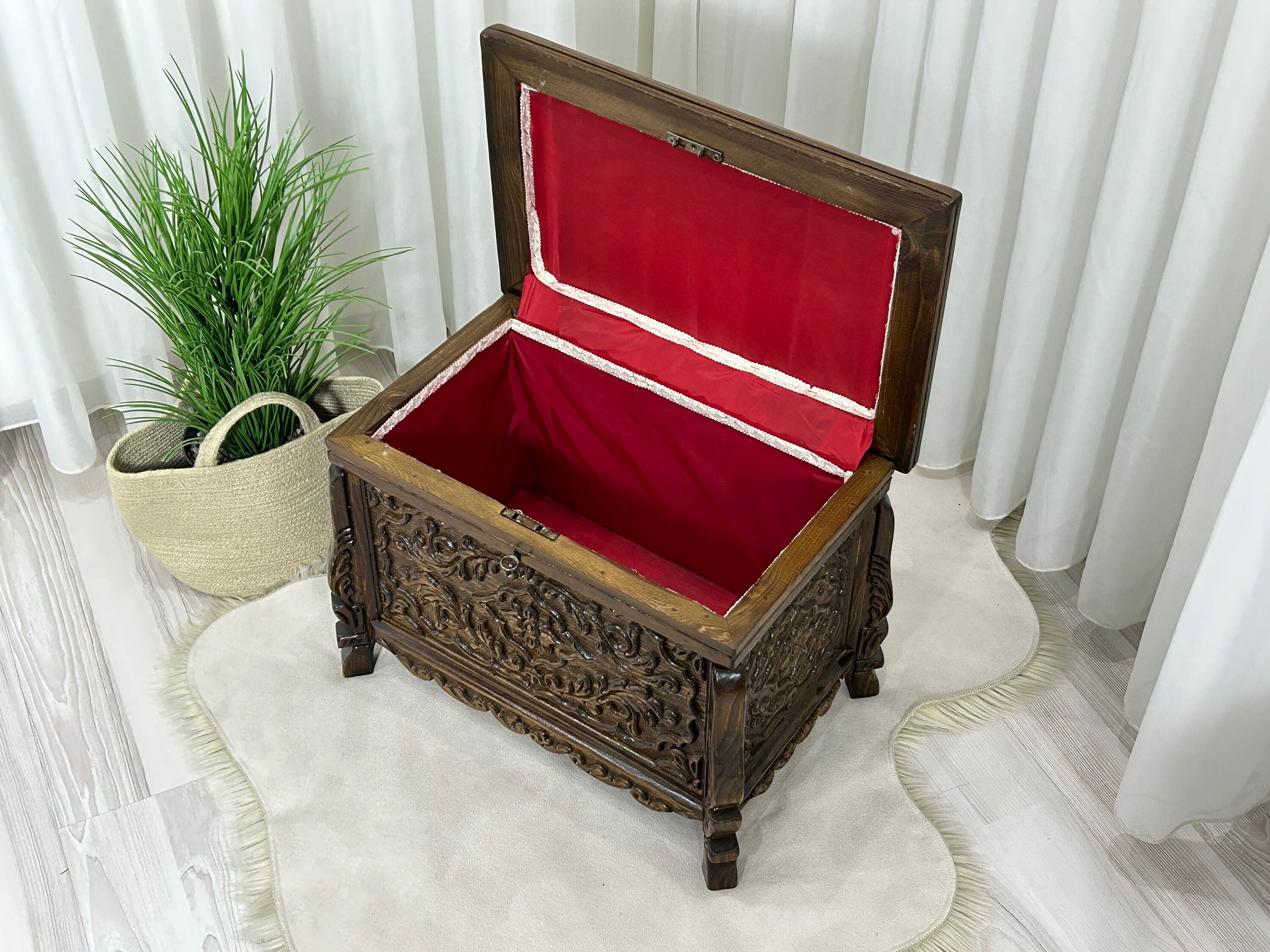 Hand Carved Vintage Chest With Key, Wood Hope Chest, Large Treasure ...