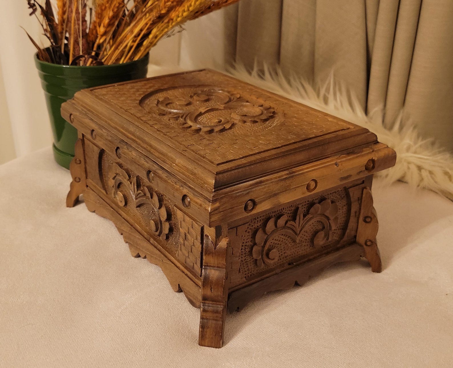 Handmade Walnut Secret Lock Jewelry Box, Carved Wooden Treasure Chest ...