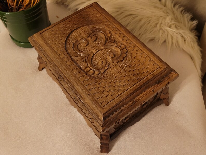 Handmade Walnut Secret Lock Jewelry Box, Carved Wooden Treasure Chest ...