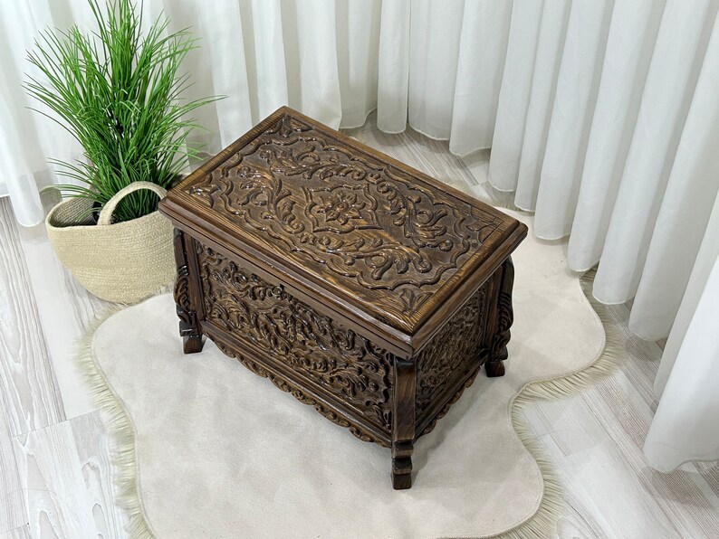 Hand Carved Vintage Chest With Key, Wood Hope Chest, Large Treasure ...