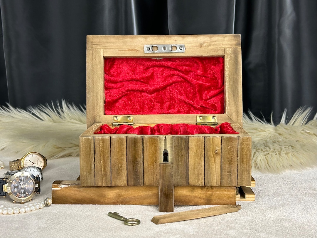 Handmade Wood Puzzle Box, Hidden Key in Secret Compartment Jewelry Box ...