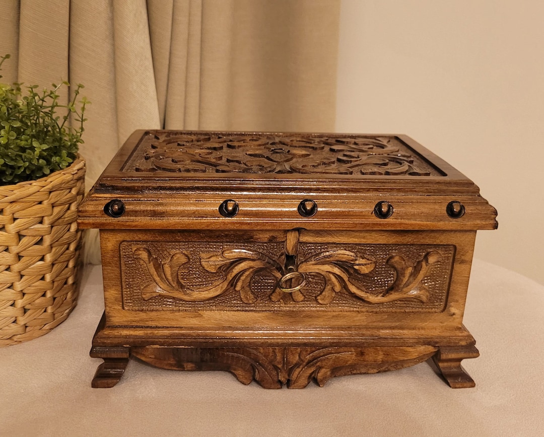 Handmade Secret Lock Jewelry Box With Key, Carved Walnut Storage Chest ...