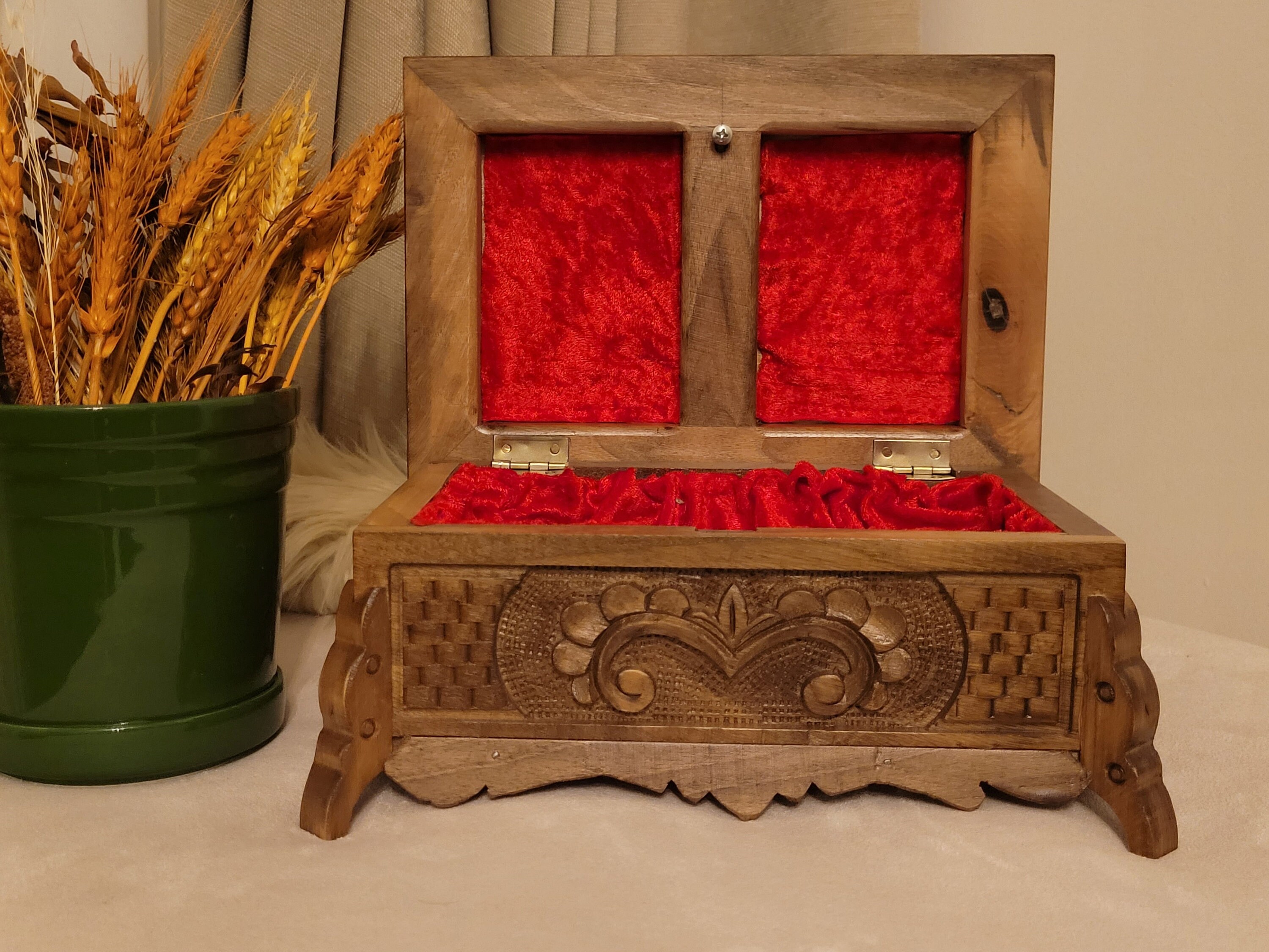 Handmade Walnut Secret Lock Jewelry Box, Carved Wooden Treasure Chest ...