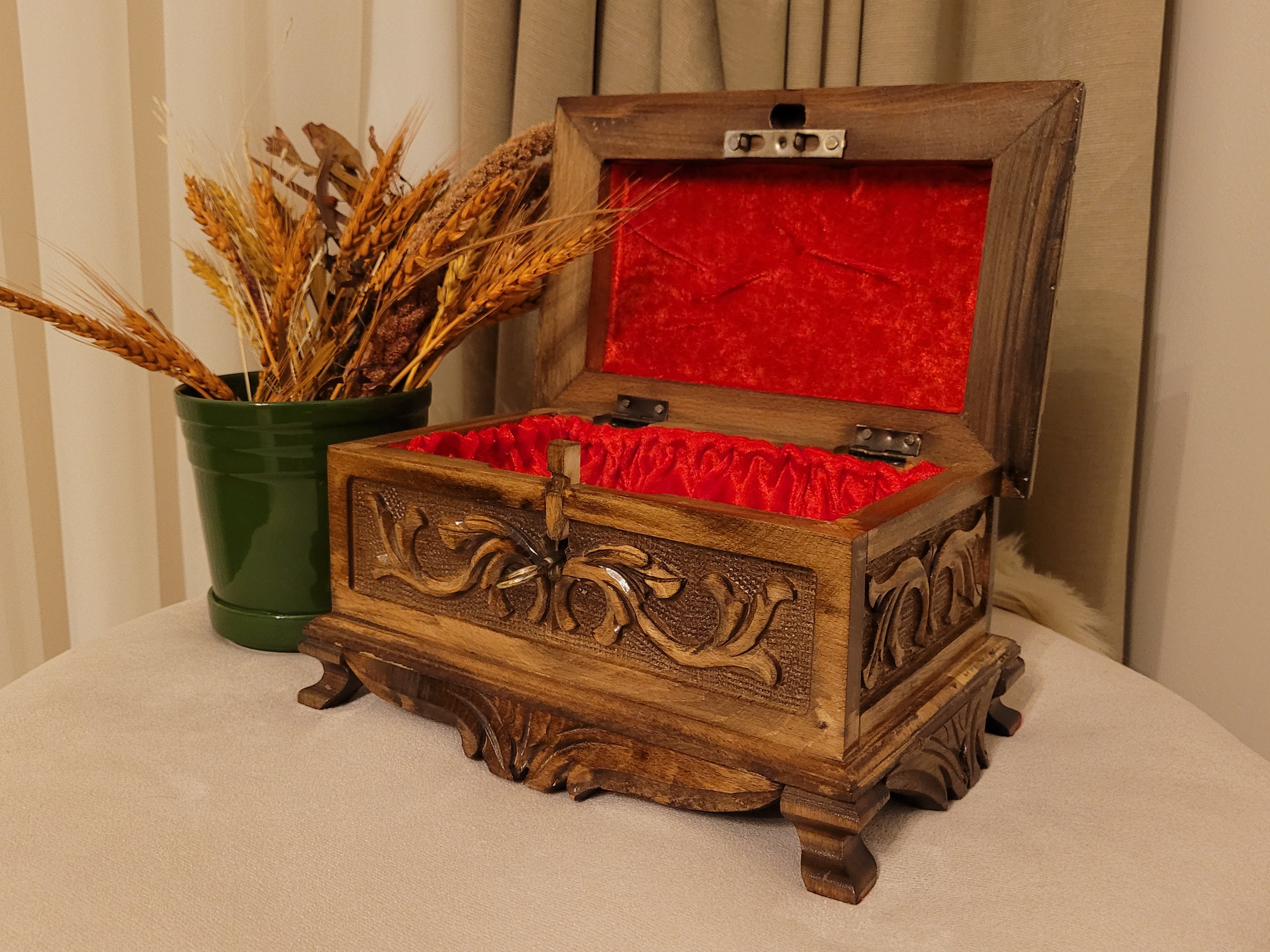 Secret Lock Jewelry Box With Key, Carved Walnut Storage Chest, Bedroom ...