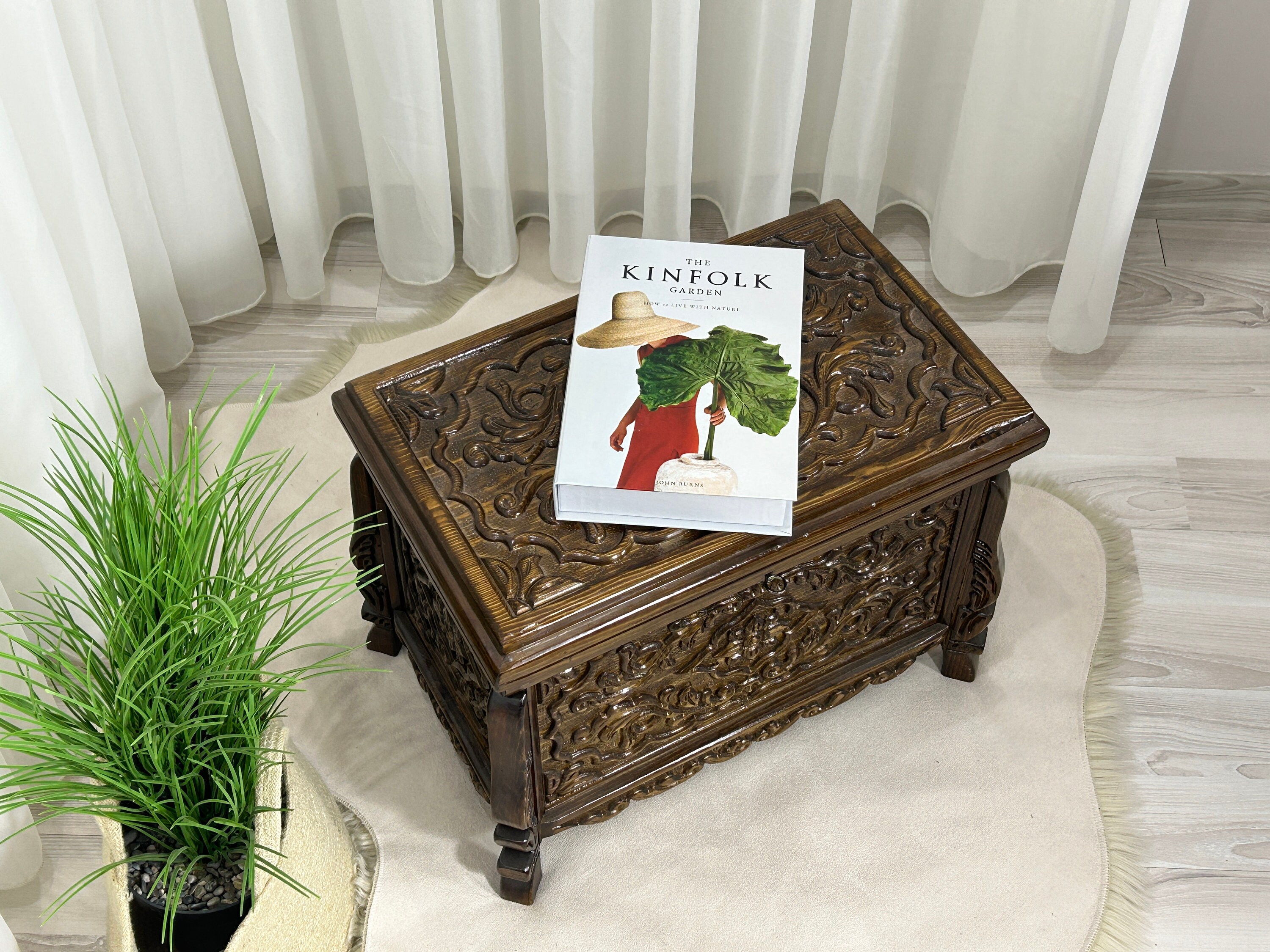 Hand Carved Vintage Chest With Key, Wood Hope Chest, Large Treasure ...