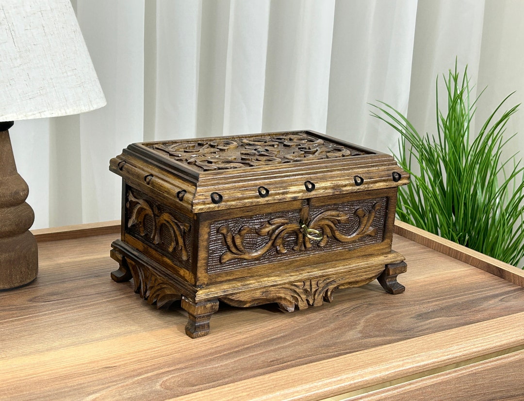 Personalized Secret Lock Walnut Jewelry Box, Hand Carved Keepsake Chest ...
