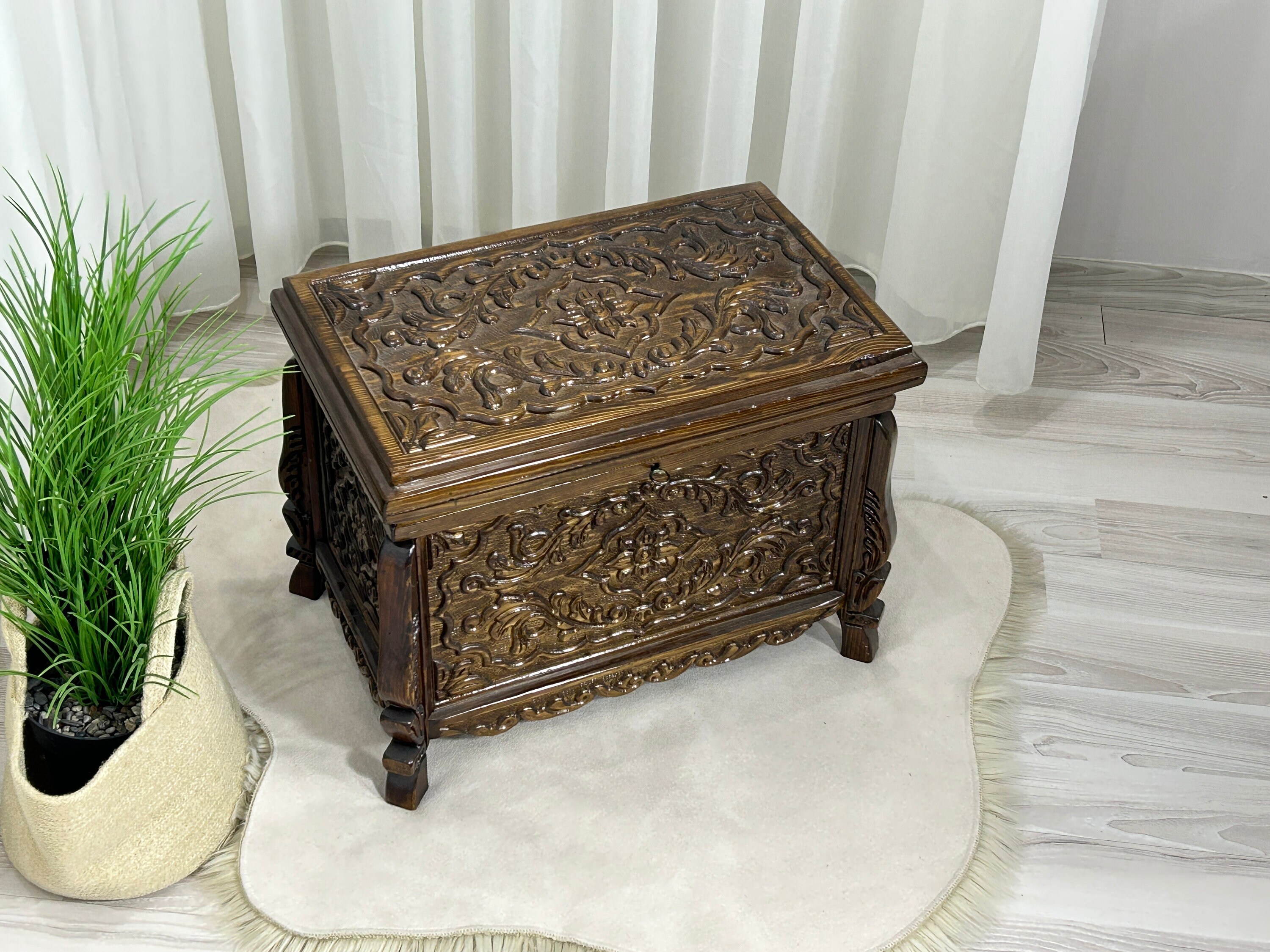 Hand Carved Vintage Chest With Key, Wood Hope Chest, Large Treasure ...