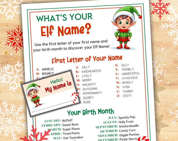 What's Your Elf Name Game, Christmas Family Holiday Activity, Kids ...