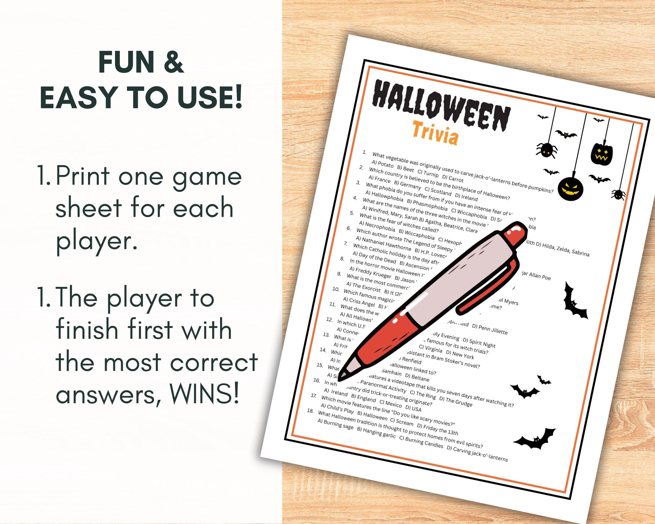 Halloween Trivia Quiz Game Printable, Questions and Answers, Family ...