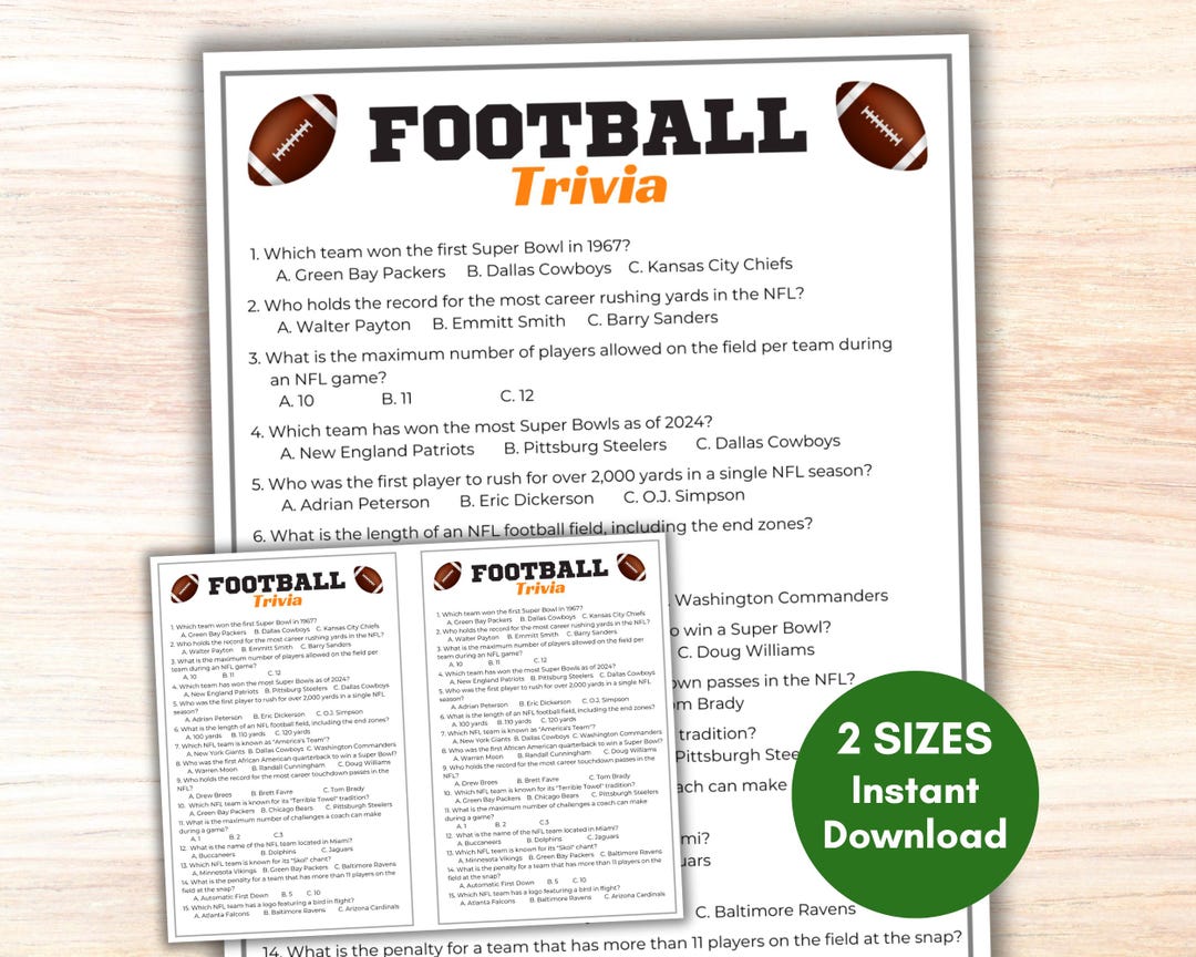 Football TRIVIA Game Printable, American Pro Football Fantasy Party ...