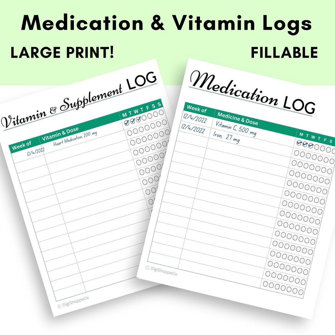 Medication Tracker LARGE PRINT EDITABLE, Vitamin Supplement Chart for ...