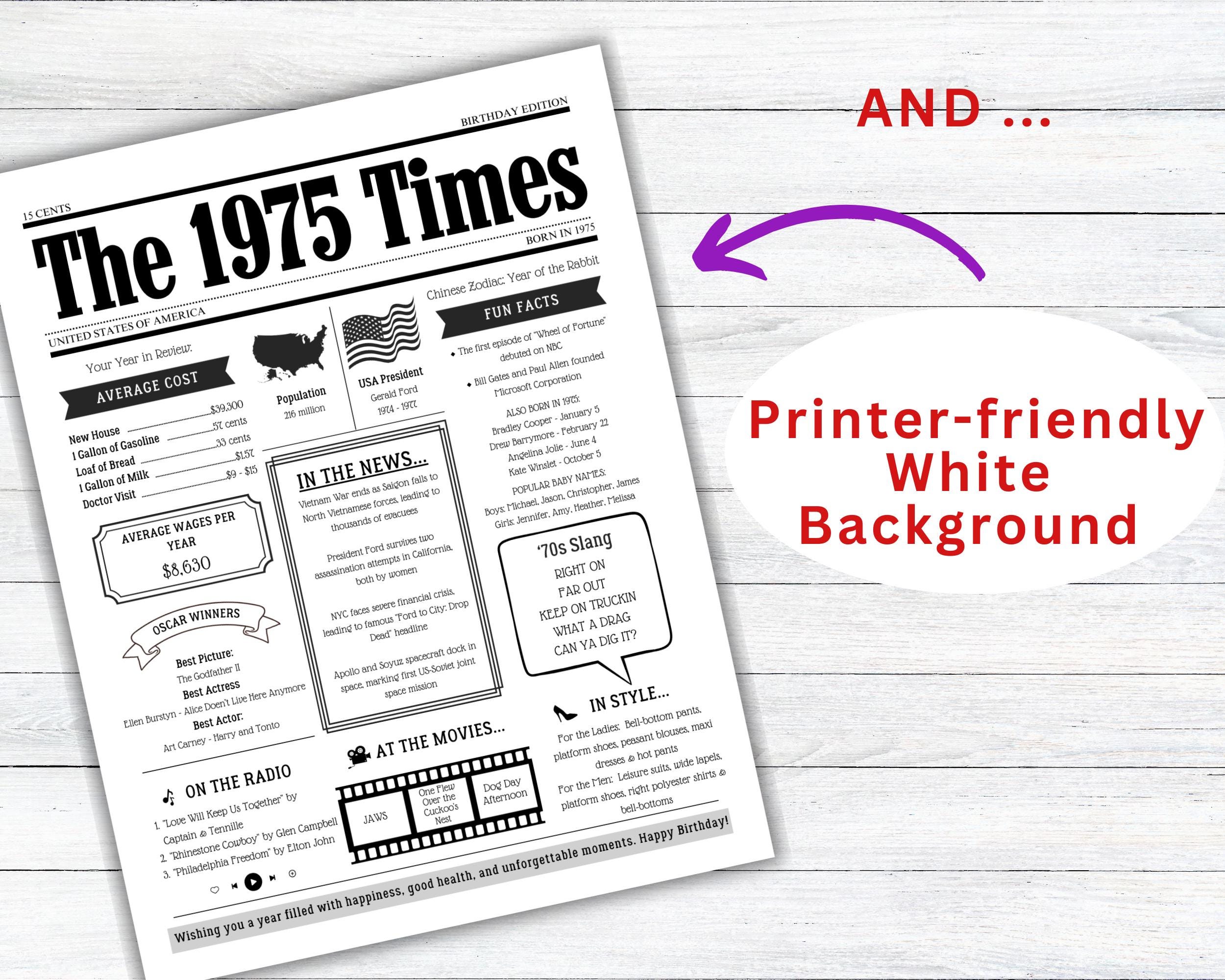 Year You Were Born Facts 1975, Birthday Newspaper Keepsake Poster ...