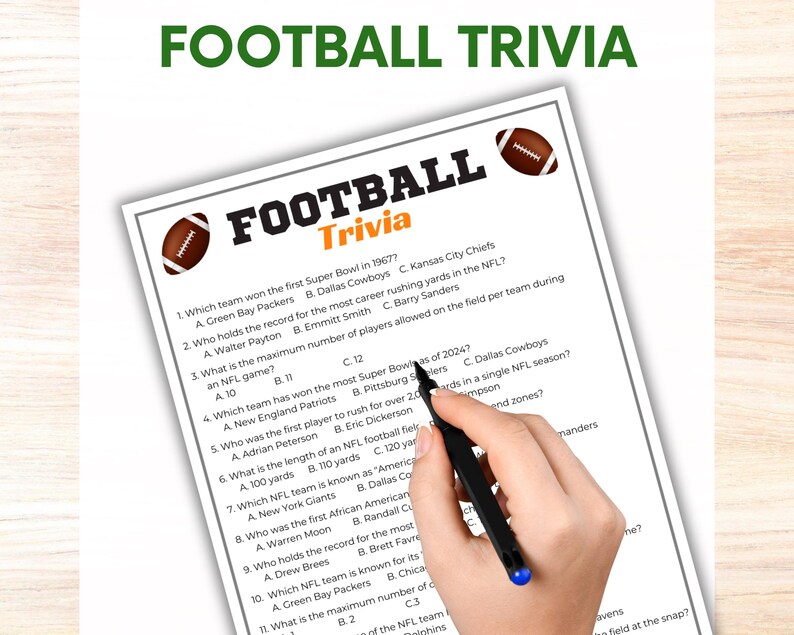 Football TRIVIA Game Printable, American Pro Football Fantasy Party ...