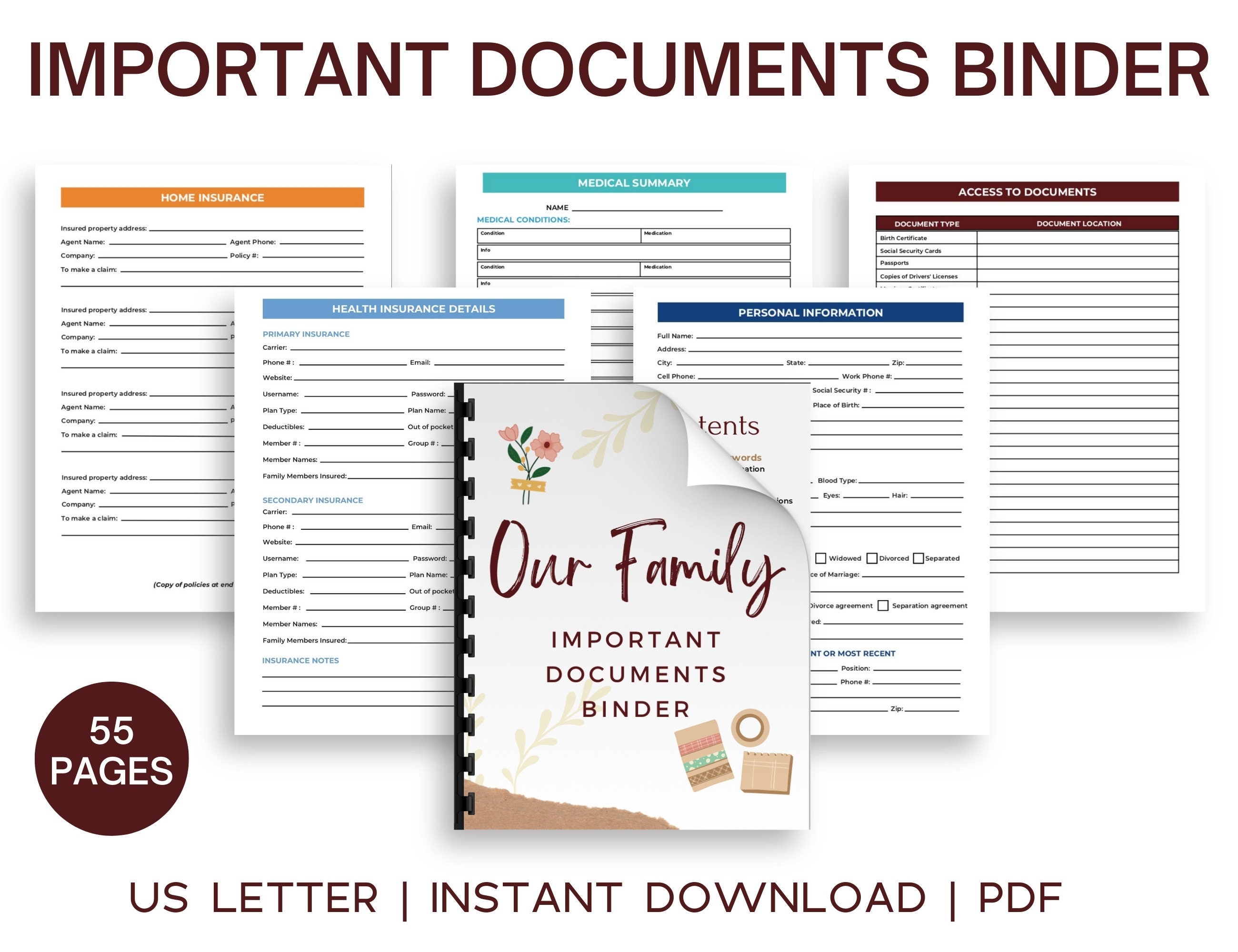 Emergency Planner - Life Organizer Printable - Important Documents ...