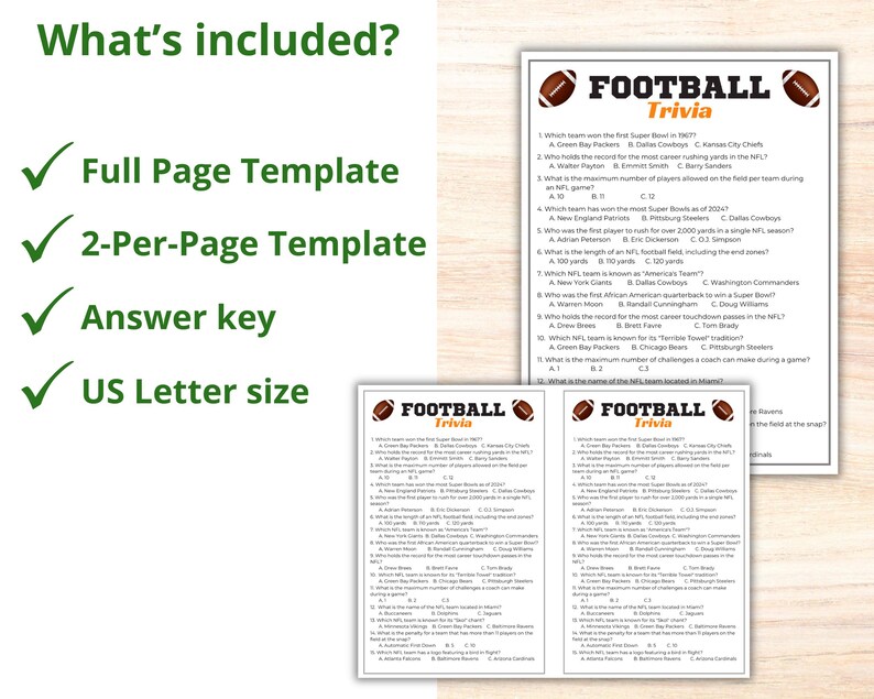 Football TRIVIA Game Printable, American Pro Football Fantasy Party ...