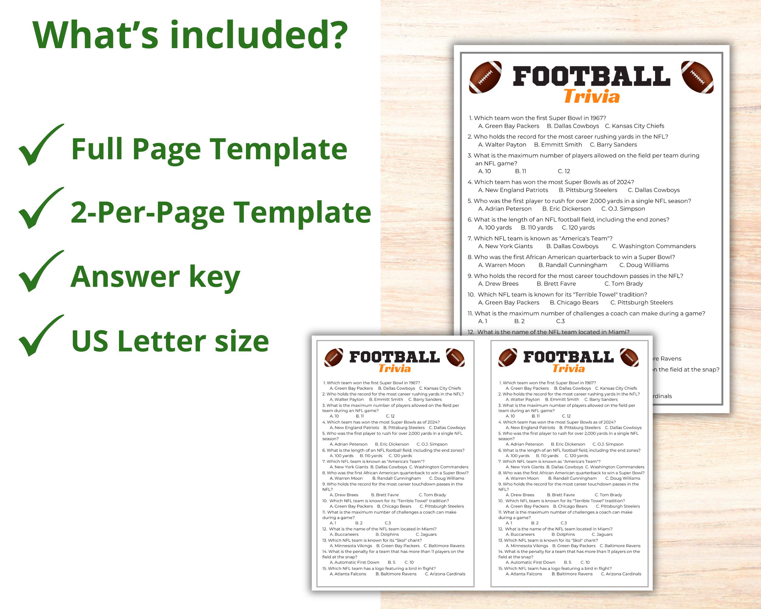 Football TRIVIA Game Printable, American Pro Football Fantasy Party ...