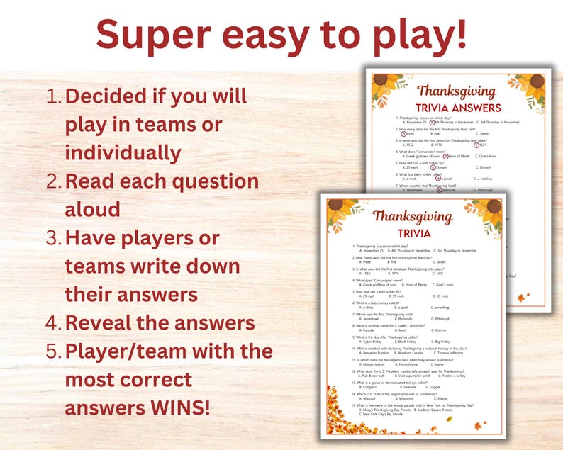Thanksgiving TRIVIA Game Printable, Party Game for Family Holiday and ...