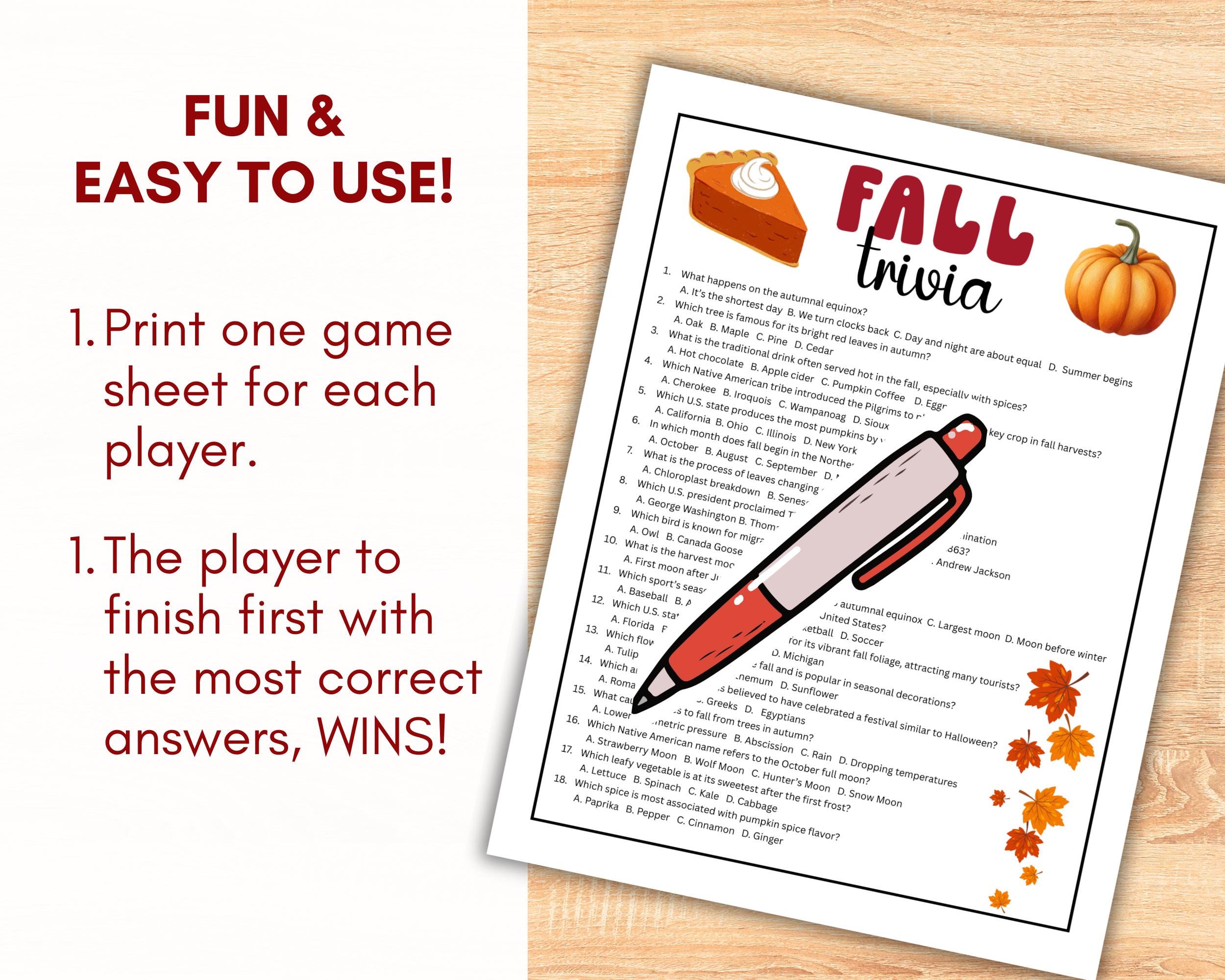 FALL Trivia Quiz Game Printable, With Answers, Autumn Harvest Festival ...