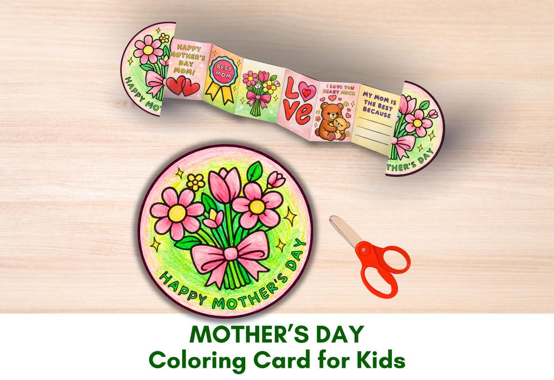Mothers Day Coloring Card Folding Craft for Kids, DIY Mother's Day Card ...