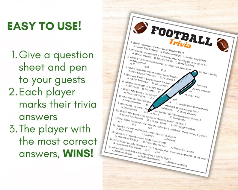 Football TRIVIA Game Printable, American Pro Football Fantasy Party ...
