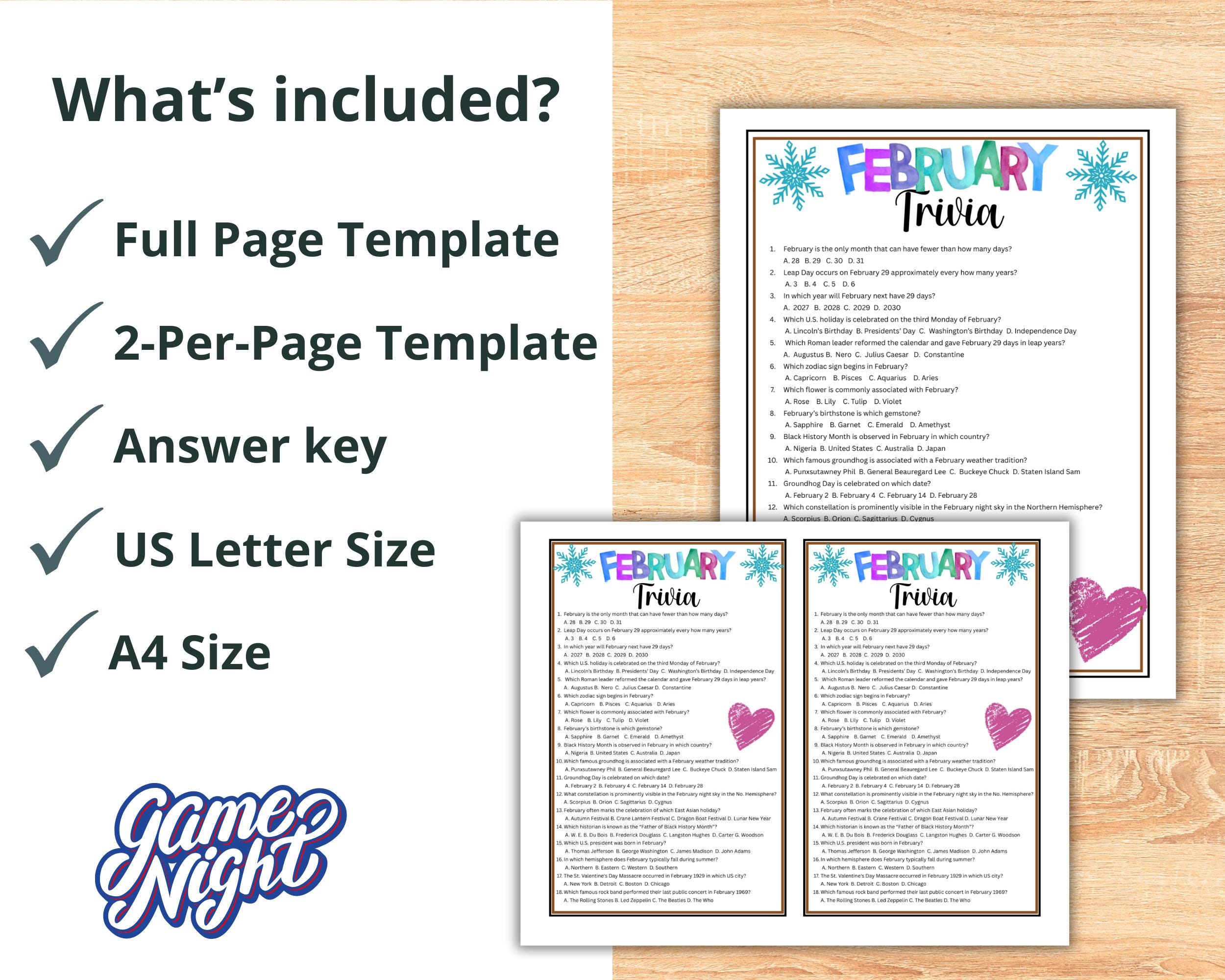 February Trivia Quiz Game Printable, Answers, Winter Season Game Night ...