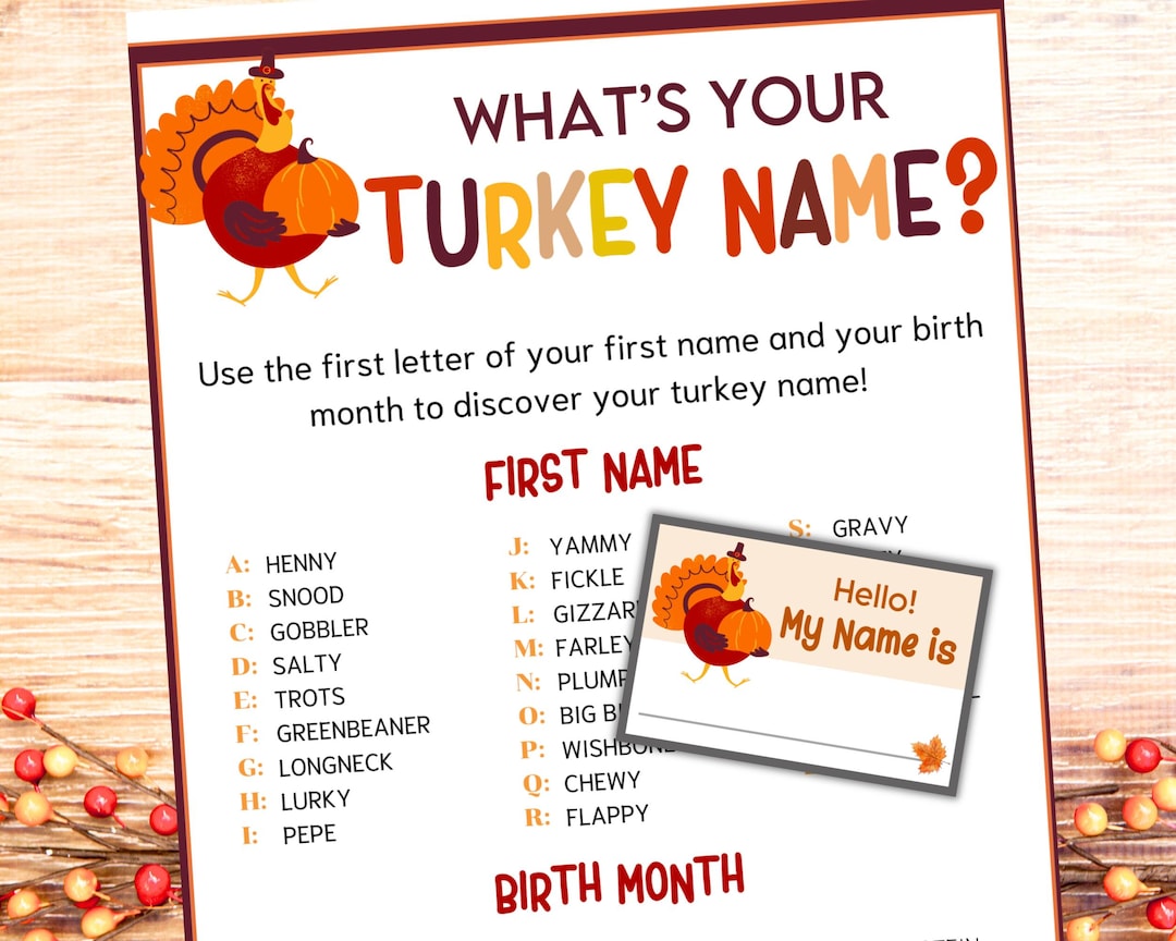 What's Your Turkey Name Game Printable, Thanksgiving Family Activity ...