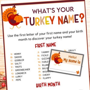 What's Your Turkey Name Game Printable, Thanksgiving Family Activity ...