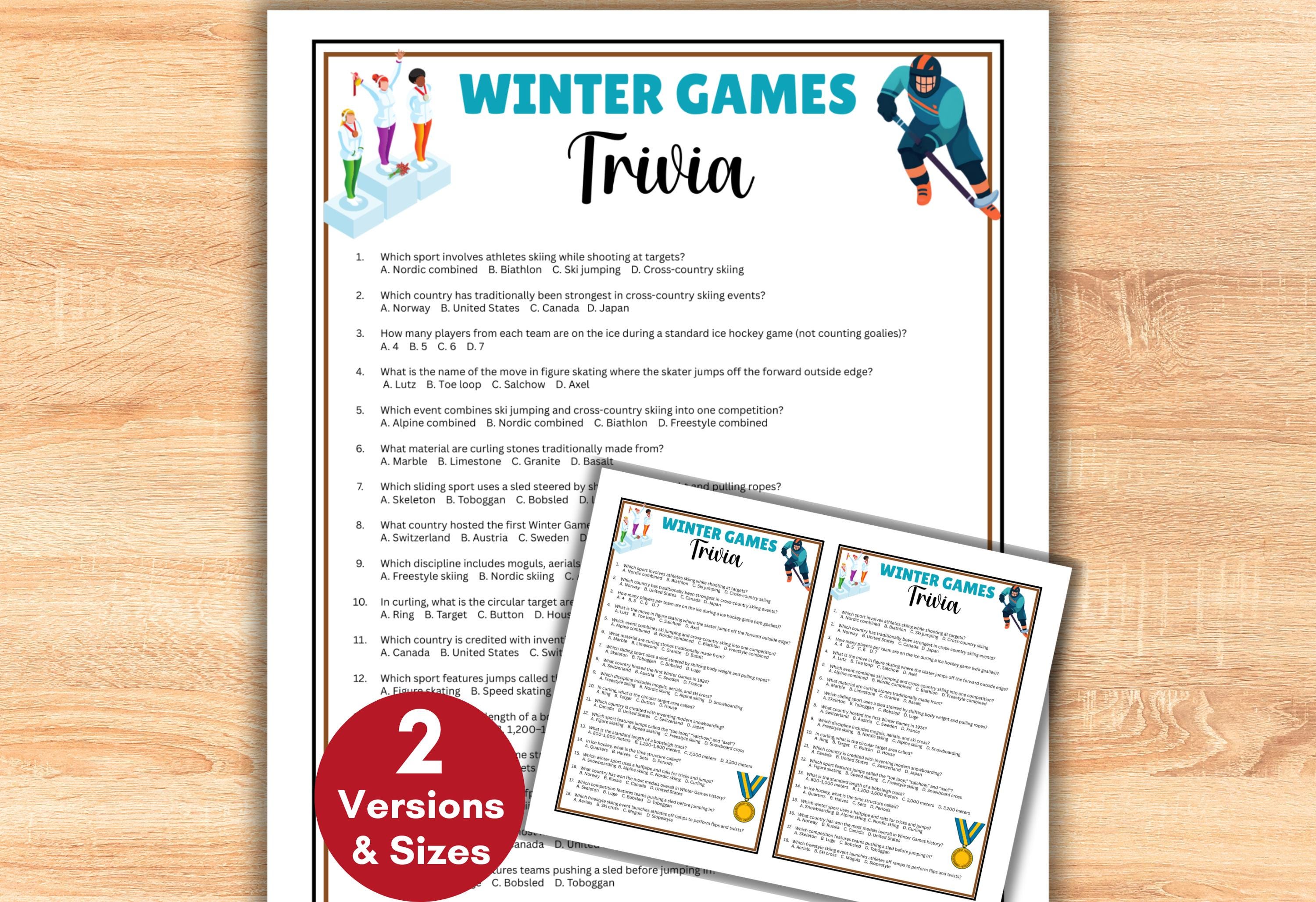 Winter Games Trivia Quiz Printable With Answers, 2026 Milan Winter Ice ...
