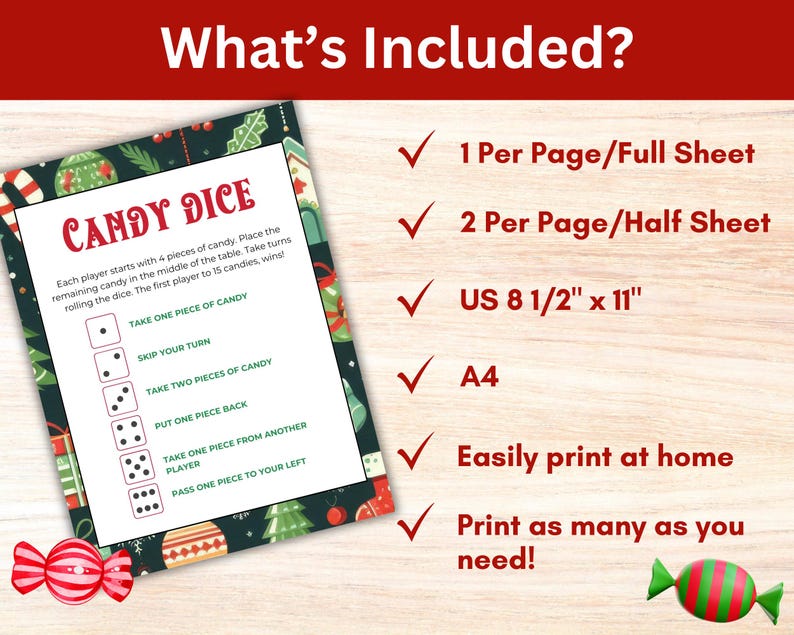 Christmas Candy Dice Game Printable, Fun Activity for Family Kids ...