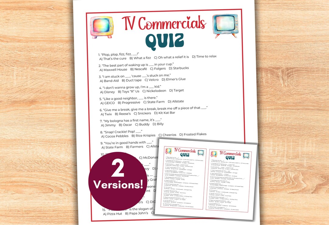 TV Commercials Trivia Quiz Game Printable With Answers, Ad Slogan Party ...