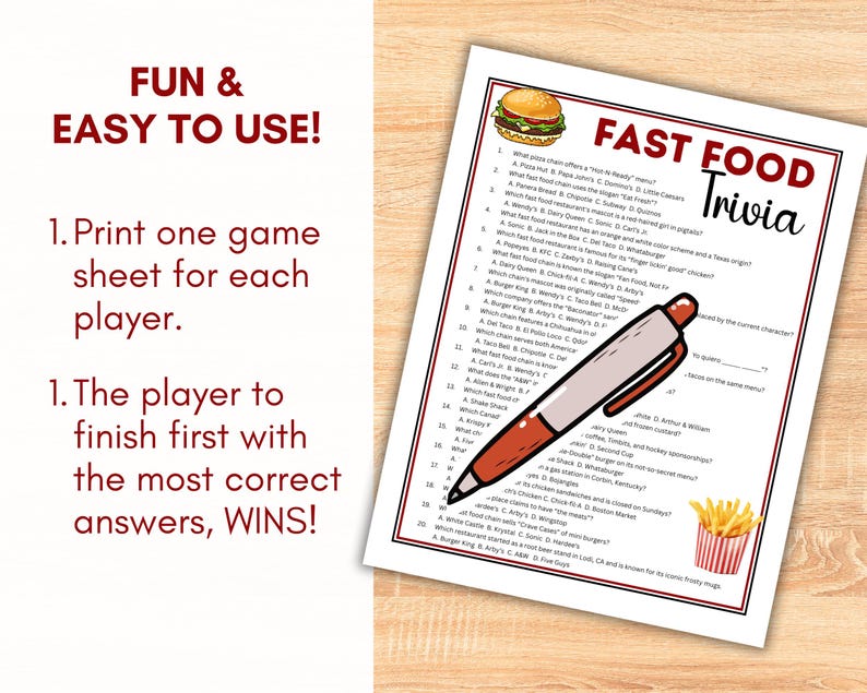 Fast Food Trivia Game Quiz Printable, Junk Food Pop Culture, Pub Trivia ...