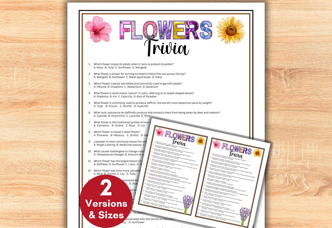 Flowers Trivia Game Quiz Printable With Answers, Flower Spring Summer ...